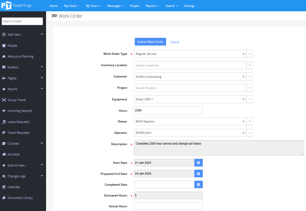 Add a New Work Order – PeopleTray