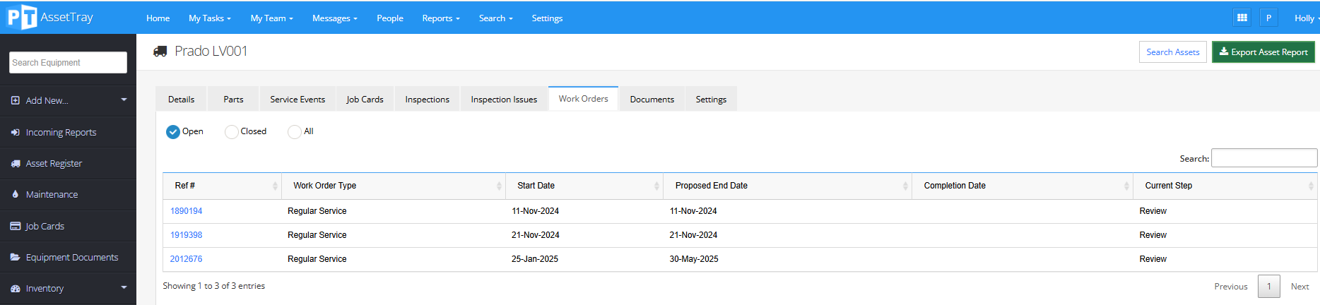 Display Work Orders Tab on Equipment in AssetTray – PeopleTray