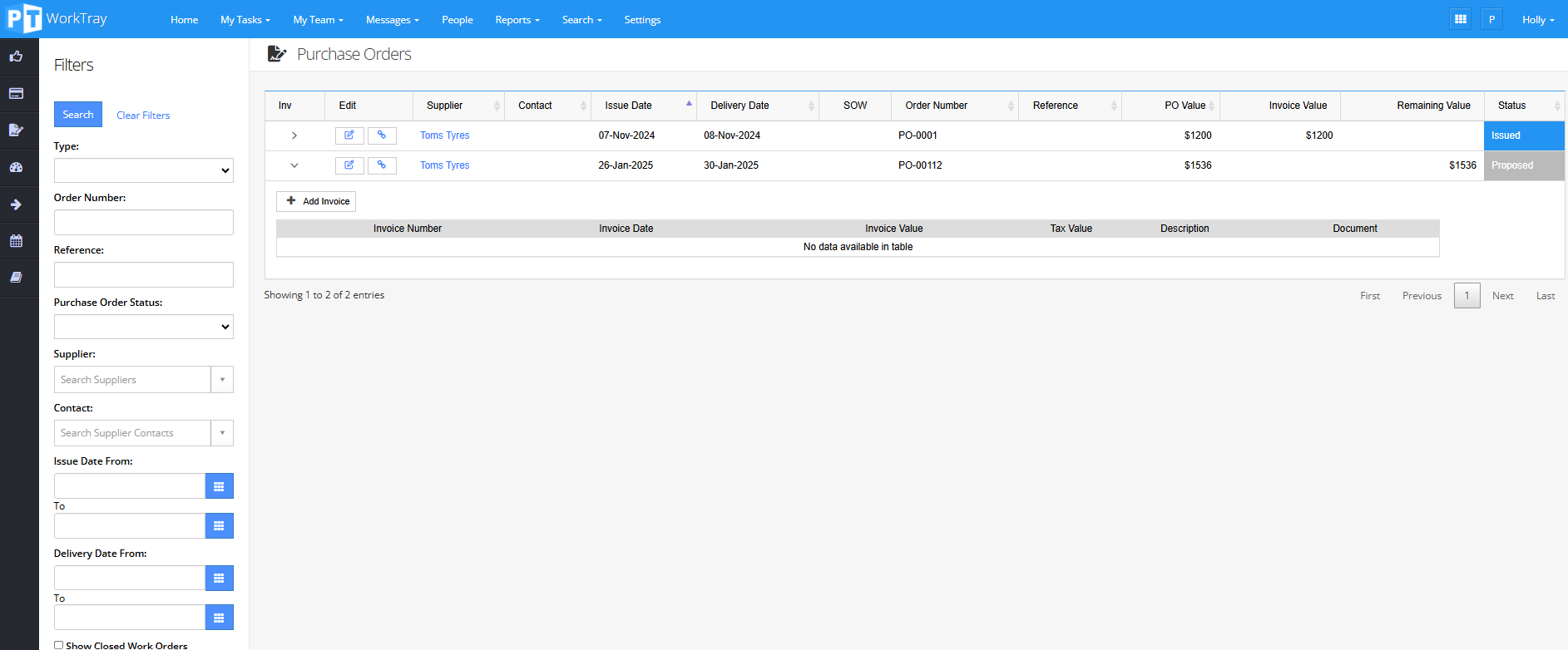 Record an Invoice against a Purchase Order – PeopleTray