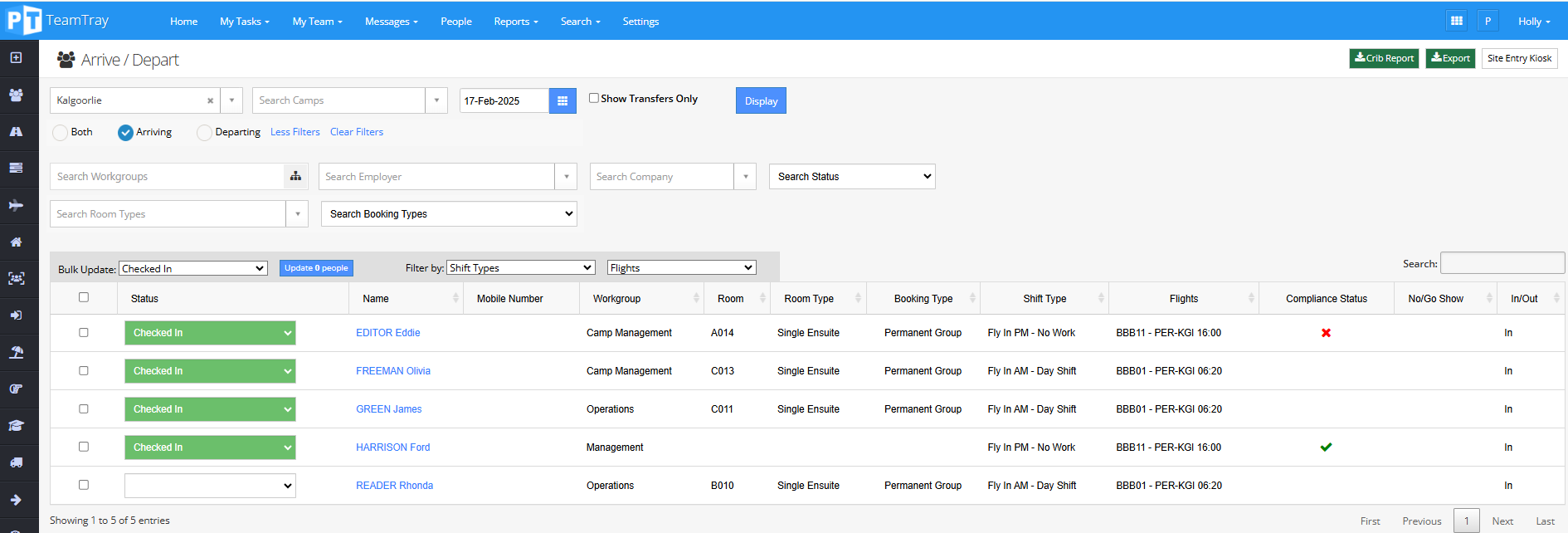 Arrive / Depart Page – PeopleTray