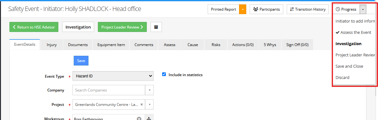 Safety Event Workflow Process – PeopleTray