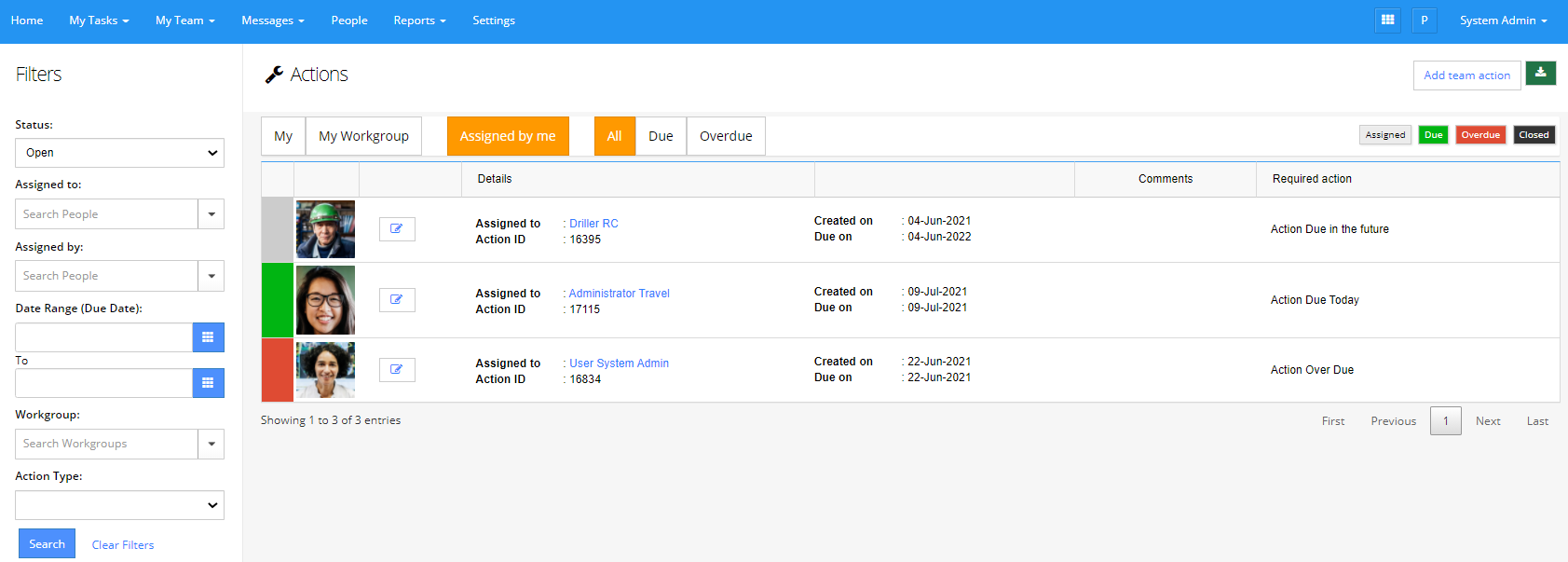 Action Statuses – PeopleTray